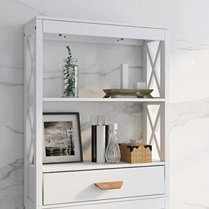 RASOO Over The Toilet Rack White 2 -Tier Toilet Bathroom Spacesaver Storage Shelf with One Big Drawer Bathroom Freestanding Shelf, 23.62"x7.87"x64.96”H