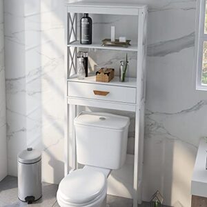 RASOO Over The Toilet Rack White 2 -Tier Toilet Bathroom Spacesaver Storage Shelf with One Big Drawer Bathroom Freestanding Shelf, 23.62"x7.87"x64.96”H