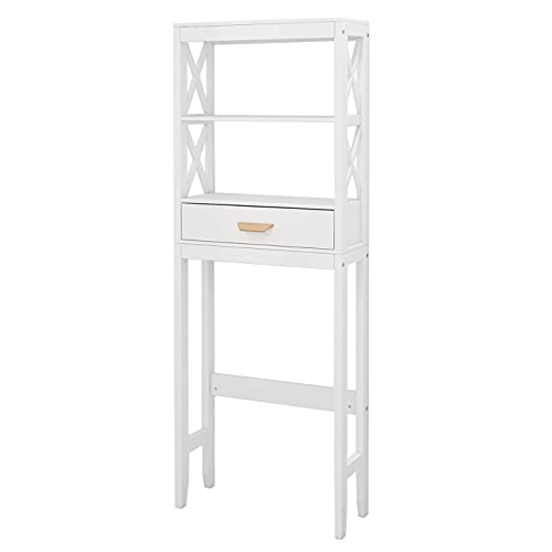 RASOO Over The Toilet Rack White 2 -Tier Toilet Bathroom Spacesaver Storage Shelf with One Big Drawer Bathroom Freestanding Shelf, 23.62"x7.87"x64.96”H