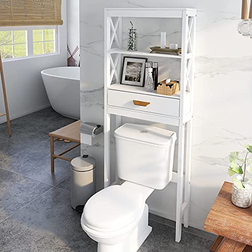 RASOO Over The Toilet Rack White 2 -Tier Toilet Bathroom Spacesaver Storage Shelf with One Big Drawer Bathroom Freestanding Shelf, 23.62"x7.87"x64.96”H