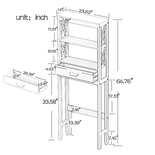 RASOO Over The Toilet Rack White 2 -Tier Toilet Bathroom Spacesaver Storage Shelf with One Big Drawer Bathroom Freestanding Shelf, 23.62"x7.87"x64.96”H