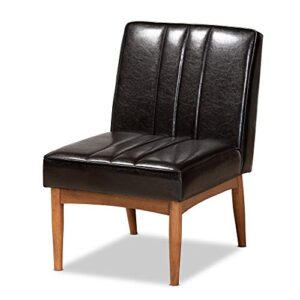 baxton studio daymond mid-century modern dark brown faux leather upholstered and walnut brown finished wood dining chair