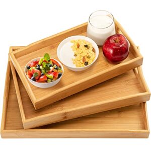 3 pack bamboo serving tray food tray with handles, multi-use platter trays set for food, coffee, breakfast, tea, snack, wooden decor tray used in kitchen, dining room, party, restaurants by pipishell