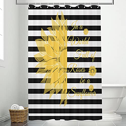 VEGA U Sunflower Quote Fabric Shower Curtain for Bathroom, Black and White Stripe Bath Decor with Hooks, Hotel Quality, 72x72 Inch