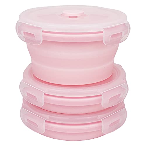 CCyanzi 3piece Round Collapsible Bowl with Lids, Silicone Food Storage Containers, Microwave & Freezer Safe, Space Saving for Kitchen Cabinet and Camping Backpack,(Pink)