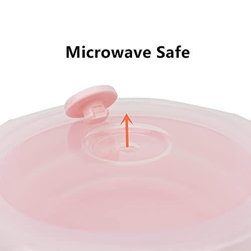 CCyanzi 3piece Round Collapsible Bowl with Lids, Silicone Food Storage Containers, Microwave & Freezer Safe, Space Saving for Kitchen Cabinet and Camping Backpack,(Pink)