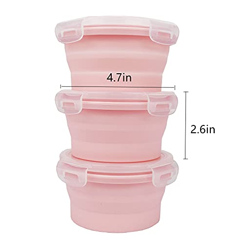 CCyanzi 3piece Round Collapsible Bowl with Lids, Silicone Food Storage Containers, Microwave & Freezer Safe, Space Saving for Kitchen Cabinet and Camping Backpack,(Pink)