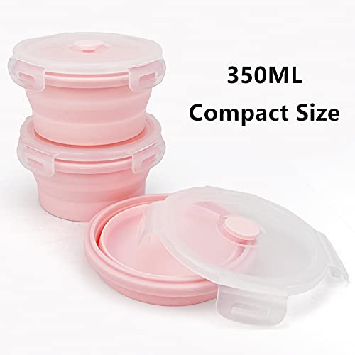 CCyanzi 3piece Round Collapsible Bowl with Lids, Silicone Food Storage Containers, Microwave & Freezer Safe, Space Saving for Kitchen Cabinet and Camping Backpack,(Pink)