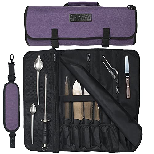 Asaya Chef Knife Roll Bag - 20 Total Pockets for Knives and Kitchen Utensils - Made with Stain Resistant Waxed Nylon - For Chefs and Culinary Students - Knives Not Included (Purple)