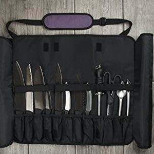 Asaya Chef Knife Roll Bag - 20 Total Pockets for Knives and Kitchen Utensils - Made with Stain Resistant Waxed Nylon - For Chefs and Culinary Students - Knives Not Included (Purple)