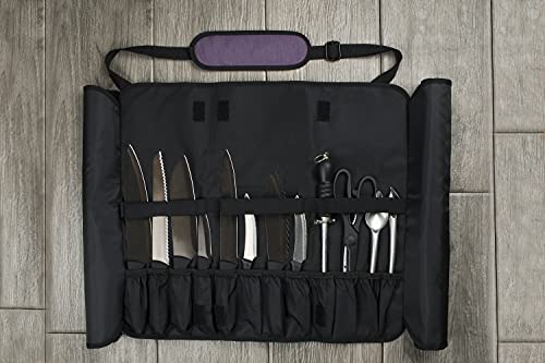 Asaya Chef Knife Roll Bag - 20 Total Pockets for Knives and Kitchen Utensils - Made with Stain Resistant Waxed Nylon - For Chefs and Culinary Students - Knives Not Included (Purple)