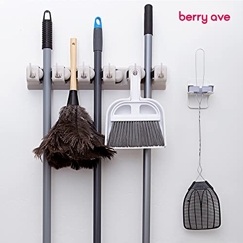 Berry Ave Broom Holder & Mop Grippers [5-Pack]- Self Adhesive, No-Drilling, Wall Mount Tool Organizers For Kitchen, Garage, Laundry Room- Anti-Slip Hanger For Brooms, Mops, Rakes, Dustpans- White