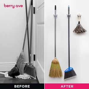 Berry Ave Broom Holder & Mop Grippers [5-Pack]- Self Adhesive, No-Drilling, Wall Mount Tool Organizers For Kitchen, Garage, Laundry Room- Anti-Slip Hanger For Brooms, Mops, Rakes, Dustpans- White