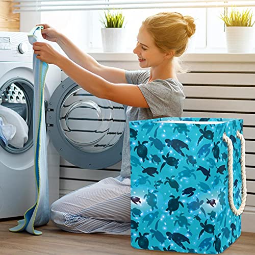 Water Blue Sea Turtle Pattern Laundry Hamper With Handles Large Collapsible Basket For Storage Bin, Kids Room, Home Organizer, Cloth Storage, 19.3x11.8x15.9 In