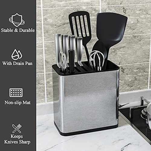 ODesign Utensil Crock Holder with Knife Block for Countertop Stainless Steel Knife Rack Holder with Slot for Scissor Sharpening Rod Multi-function Knife Organizer