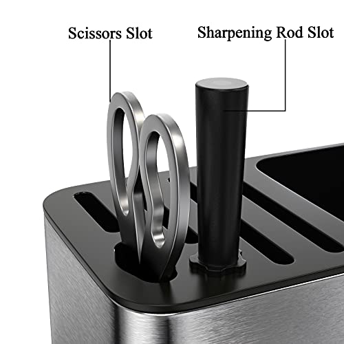 ODesign Utensil Crock Holder with Knife Block for Countertop Stainless Steel Knife Rack Holder with Slot for Scissor Sharpening Rod Multi-function Knife Organizer