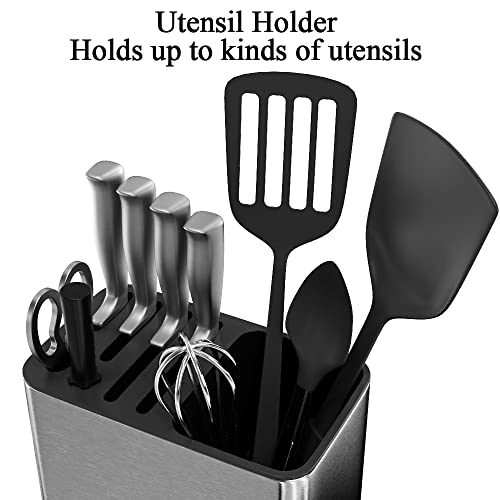 ODesign Utensil Crock Holder with Knife Block for Countertop Stainless Steel Knife Rack Holder with Slot for Scissor Sharpening Rod Multi-function Knife Organizer