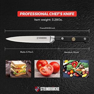 STEINBRÜCKE Kitchen Utility Knife 5 Inch, Sharp Paring Knife Kitchen Petty Knife Fruit Knife with Pro Chef's Knife Full Tang and Ergonomic Handle Kitchen Cutlery Cutting Peeling