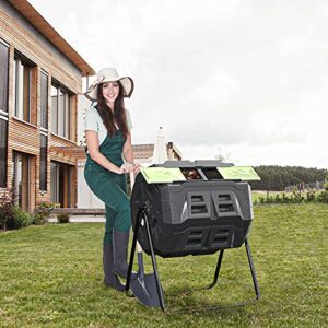 SQUEEZE master Large Compost Tumbler Bin - Outdoor Garden Rotating with Thermometer -Automatic Temperature Measurement-Sturdy Steel Frame - 43Gallon (2-21.5Gal)- Green Door