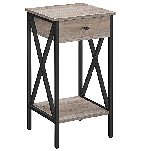 VASAGLE Tall Nightstand with Drawer and Storage Shelf, End Table, Side Table, 13.8 x 13.8 x 27.6 Inches, Industrial, Greige and Black ULET501B02