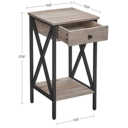 VASAGLE Tall Nightstand with Drawer and Storage Shelf, End Table, Side Table, 13.8 x 13.8 x 27.6 Inches, Industrial, Greige and Black ULET501B02