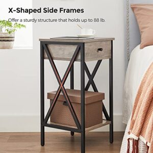 VASAGLE Tall Nightstand with Drawer and Storage Shelf, End Table, Side Table, 13.8 x 13.8 x 27.6 Inches, Industrial, Greige and Black ULET501B02