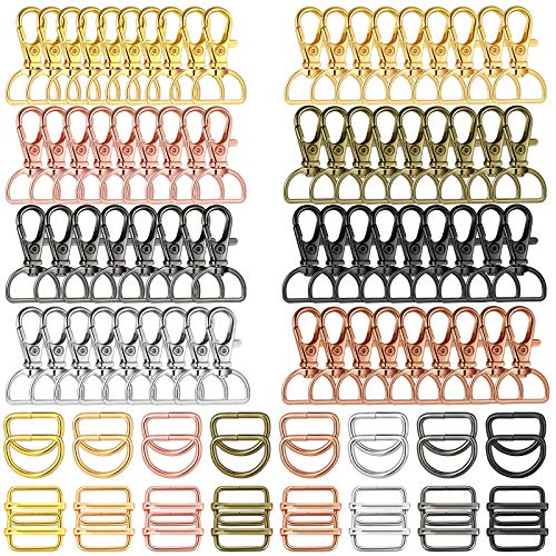 96 Pieces Swivel Clasps with D Rings and Slide Buckles Set Lanyard Snap Hooks Keychain Clip Hooks D Keychain Rings Lobster Claw Clasps for Keychain Purse Hardware Sewing Craft Project, 8 Colors