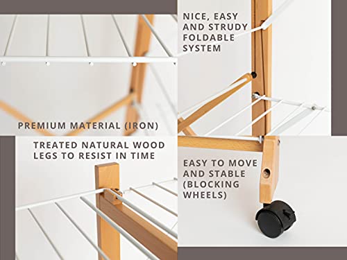 Scandinaf Foldable Clothes Drying Rack | Collapsible Drying Racks for Laundry | Extra Large and Heavy Duty Clothing Drying Rack with Iron Wires and Wooden Legs and 2 Levels with 91 Ft Drying Area