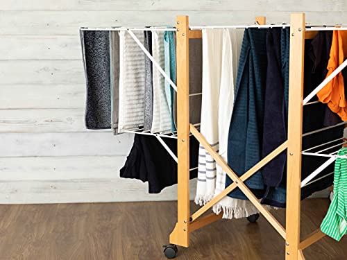 Scandinaf Foldable Clothes Drying Rack | Collapsible Drying Racks for Laundry | Extra Large and Heavy Duty Clothing Drying Rack with Iron Wires and Wooden Legs and 2 Levels with 91 Ft Drying Area