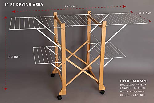 Scandinaf Foldable Clothes Drying Rack | Collapsible Drying Racks for Laundry | Extra Large and Heavy Duty Clothing Drying Rack with Iron Wires and Wooden Legs and 2 Levels with 91 Ft Drying Area