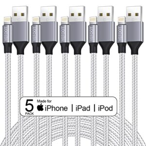 [apple mfi certified] 5pack(3/3/6/6/10ft) iphone charger nylon braided fast charging lightning cable compatible iphone 14pro/14/13pro/13/12pro/12/11and more-silver&white