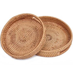 rattan round serving tray with handles large hand woven wicker basket tray for food,dinner,breakfast,coffee table,ottoman (set of 2)