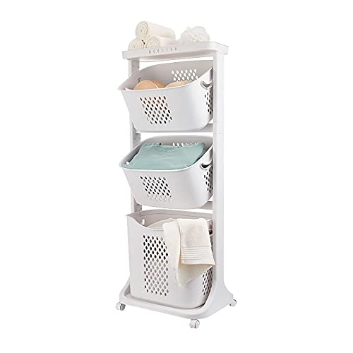 Laundry Basket 3 Tier, Removable PP Storage Basket with Universal Wheel, Multi-layer Toys Clothing Organization for Bedroom Bathroom