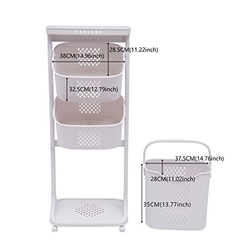 Laundry Basket 3 Tier, Removable PP Storage Basket with Universal Wheel, Multi-layer Toys Clothing Organization for Bedroom Bathroom