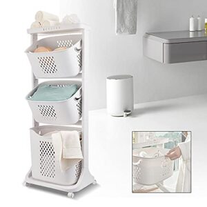 Laundry Basket 3 Tier, Removable PP Storage Basket with Universal Wheel, Multi-layer Toys Clothing Organization for Bedroom Bathroom