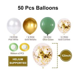 Olive Green Gold White Latex Balloons,52 Pcs Green and Gold Confetti Party Balloons For Birthday Baby Shower Engagement Wedding Anniversary Party Decorations.