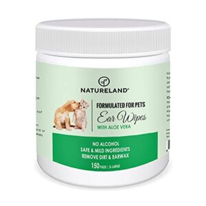 natureland [150 pcs extra-large] dog ear wipes - otic cleaning wipes for infections and controlling ear infections and ear odor in pets