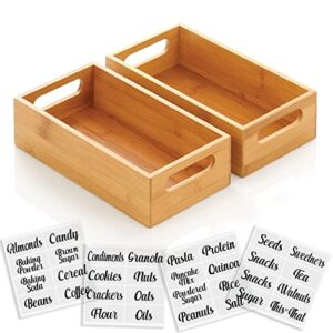 mDesign Bamboo Kitchen Storage Bin - Drawer Organizer with Handles for Pantry Cabinet, Shelves, or Countertop, Holds Snacks, Spices, or Drinks, Echo Collection, Includes 2 Bins and 32 Labels, Natural