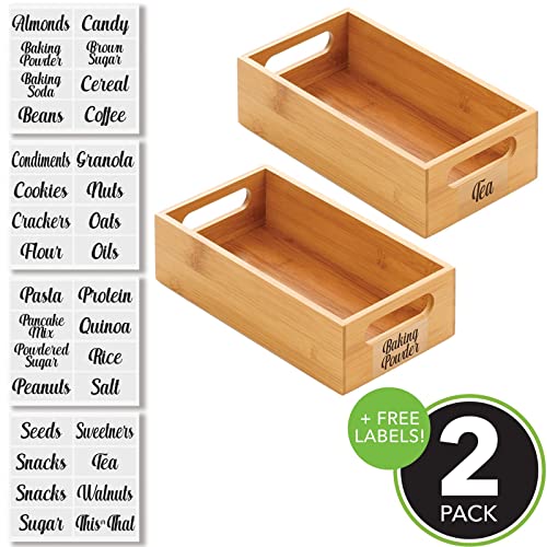 mDesign Bamboo Kitchen Storage Bin - Drawer Organizer with Handles for Pantry Cabinet, Shelves, or Countertop, Holds Snacks, Spices, or Drinks, Echo Collection, Includes 2 Bins and 32 Labels, Natural