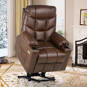 yitahome electric power lift recliner chair for elderly, leather recliner chair with massage and heat, spacious seat, usb ports, cup holders, side pockets, remote control (brown)