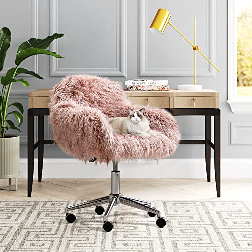 DKLGG Fluffy Office Desk Chair, Faux Fur Modern Desk Chairs with Wheels Upholstered Seat, Vanity Accent Height Adjustable Swivel Furniture for Home Living Dressing Room/Makeup/Teen Girls Bedroom, Pink