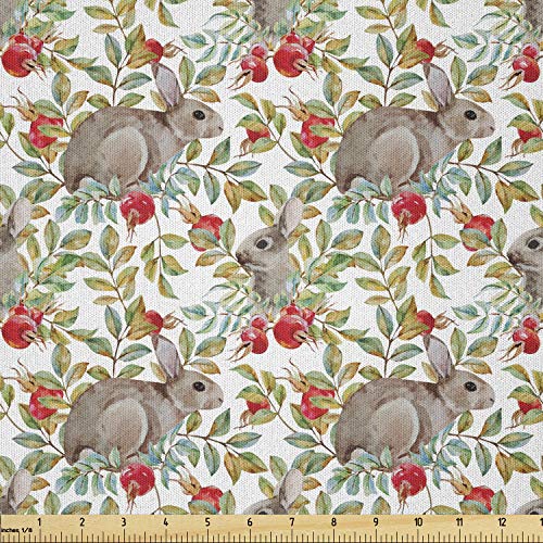 Ambesonne Bunny Fabric by The Yard, Easter Pattern of Dog Rose and Rabbits, Microfiber Fabric for Arts and Crafts Textiles & Decor, 1 Yard, Warm Taupe