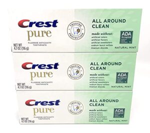 crest pure all around clean fluoride anticavity toothpaste, made without artificial colors, flavors, or sweeteners - natural mint 4.1 oz (pack of 3)