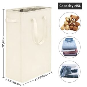 YIFAMIJOY 45L Slim Laundry Hamper, Collapsible Thin laundry Baskets with Handles, Narrow Dirty Clothes Hamper for Clothing Toys Organization Beige, 45L