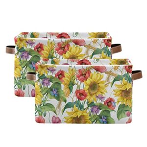 AUUXVA Flowers Sunflower Poppy Storage Bins Basket, Summer Floral Theme Collapsible Storage Cube Rectangle Storage Box with Handles for Shelf Closet Nursery Bedroom Home Office 2 Pack