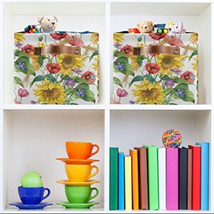 AUUXVA Flowers Sunflower Poppy Storage Bins Basket, Summer Floral Theme Collapsible Storage Cube Rectangle Storage Box with Handles for Shelf Closet Nursery Bedroom Home Office 2 Pack