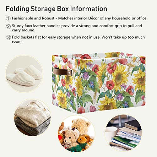 AUUXVA Flowers Sunflower Poppy Storage Bins Basket, Summer Floral Theme Collapsible Storage Cube Rectangle Storage Box with Handles for Shelf Closet Nursery Bedroom Home Office 2 Pack