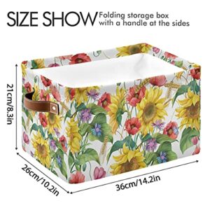 AUUXVA Flowers Sunflower Poppy Storage Bins Basket, Summer Floral Theme Collapsible Storage Cube Rectangle Storage Box with Handles for Shelf Closet Nursery Bedroom Home Office 2 Pack