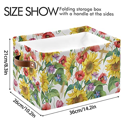 AUUXVA Flowers Sunflower Poppy Storage Bins Basket, Summer Floral Theme Collapsible Storage Cube Rectangle Storage Box with Handles for Shelf Closet Nursery Bedroom Home Office 2 Pack