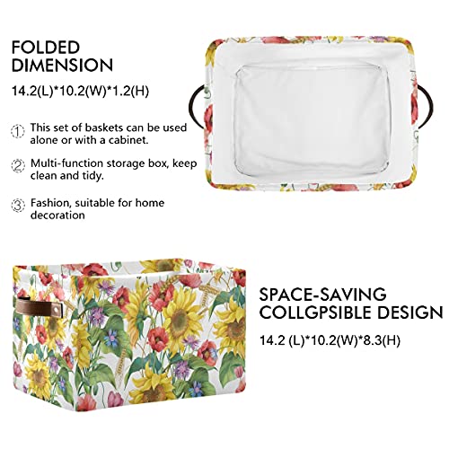 AUUXVA Flowers Sunflower Poppy Storage Bins Basket, Summer Floral Theme Collapsible Storage Cube Rectangle Storage Box with Handles for Shelf Closet Nursery Bedroom Home Office 2 Pack